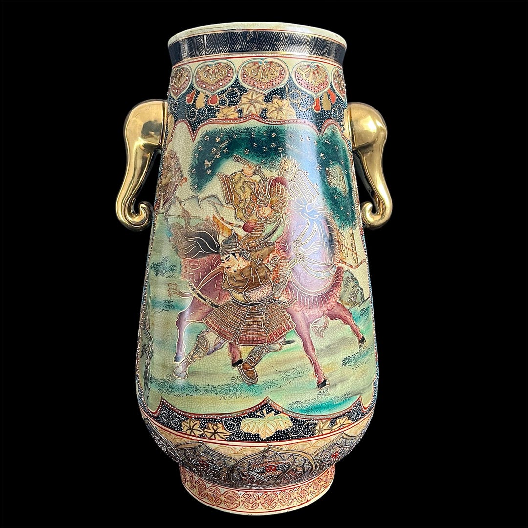 Large Chinese Satsuma Samurai Vase Gilded Gold Elephant Handles ...
