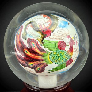 Chinese Dragon and Phoenix Glass Globe on Rotating Wood Stand Base Snow ...