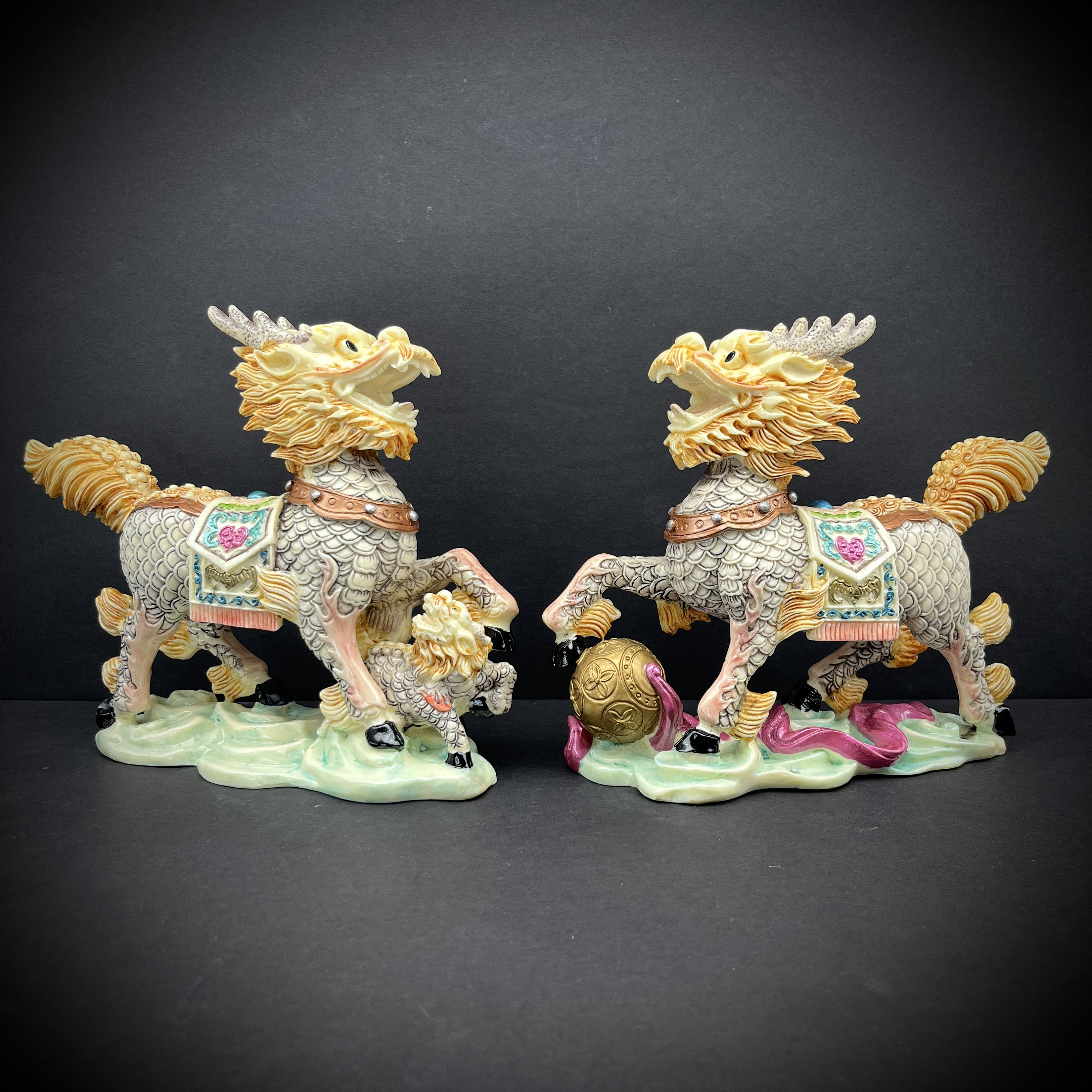 Pair of Chinese Kirin Qilin Pixiu Statues Wucai Dragon Deer Horse Ivory ...