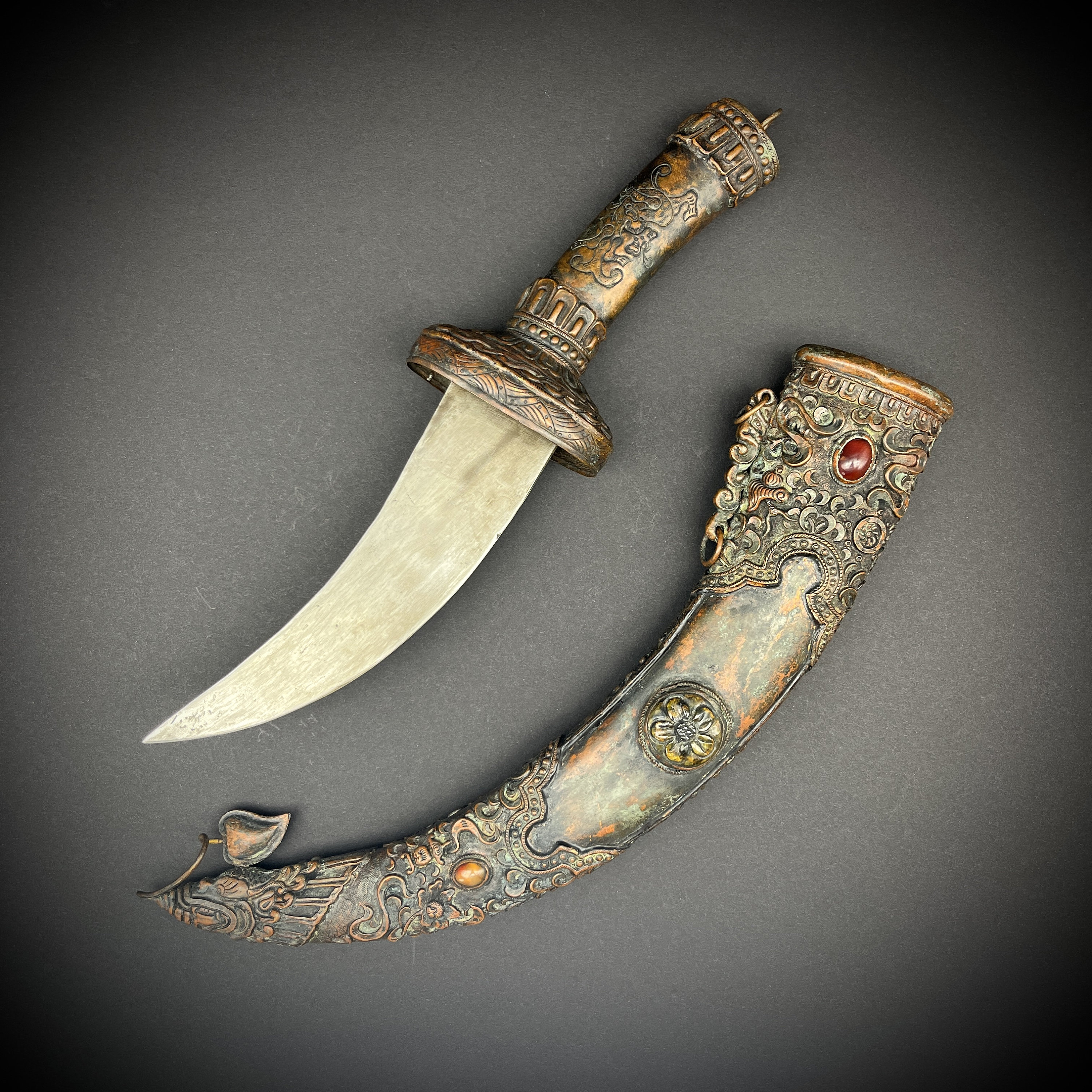 Chinese Mongolian Ceremonial Sword Dagger With Scabbard 4 Dragon Metal ...