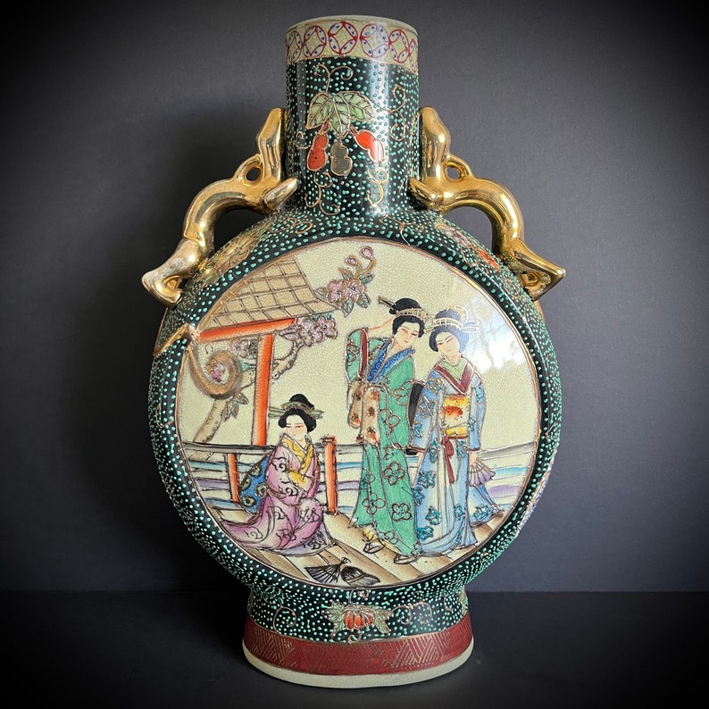 Pair of Large Chinese Moon Flask Vases Porcelain Royal Satsuma Ceramic ...