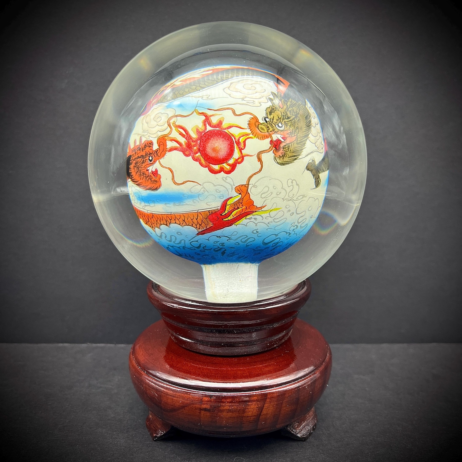 Chinese Double Dragon Glass Globe on Rotating Wood Stand Base Chasing ...