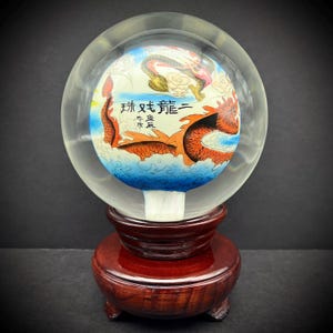 Chinese Double Dragon Glass Globe on Rotating Wood Stand Base Chasing ...
