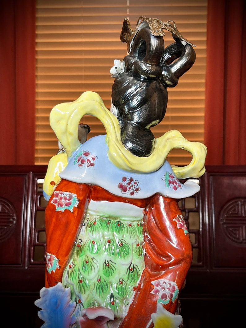 Large Chinese Goddess Magu Porcelain Statue 2 Children Deer Phoenix ...