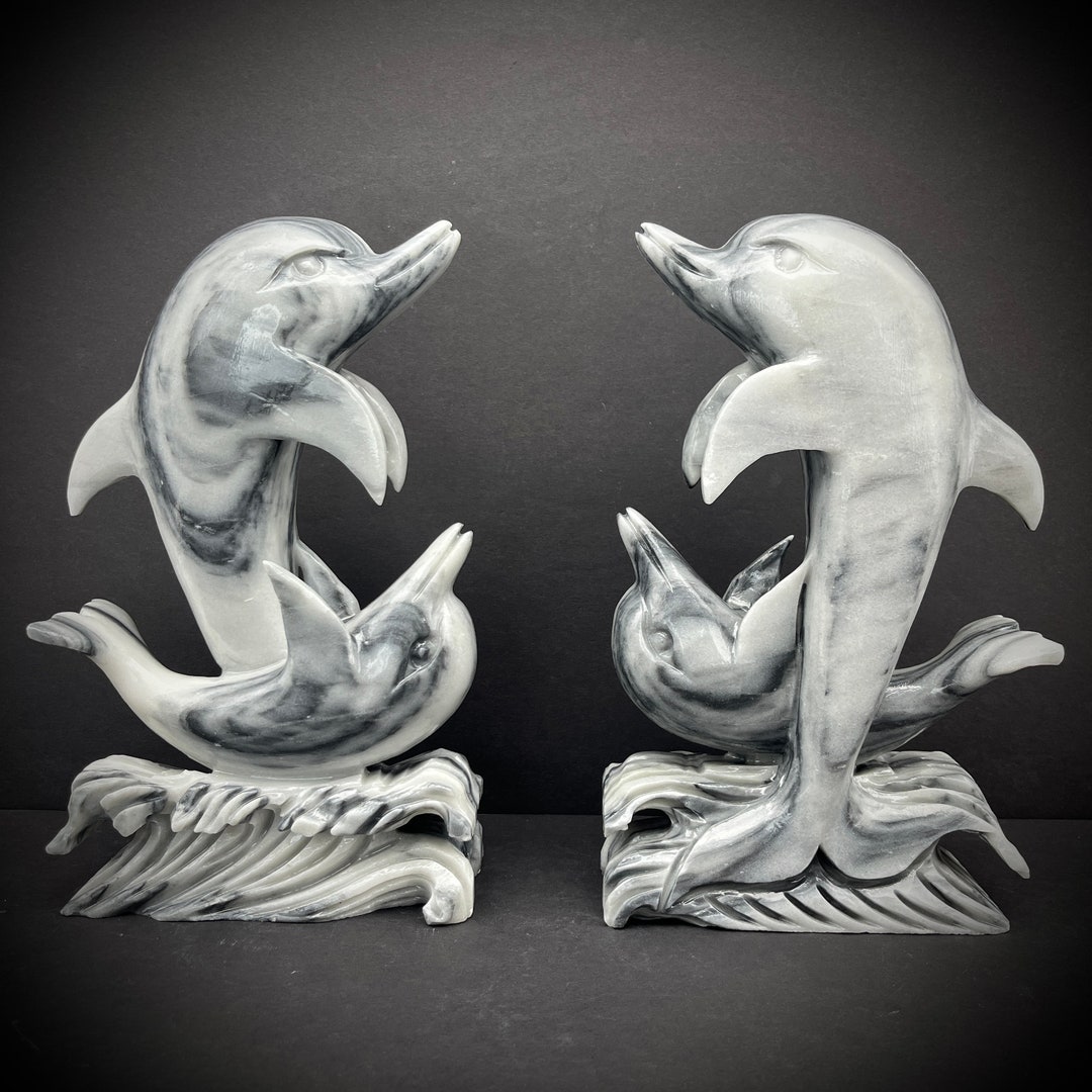 Pair of Gray Marble Stone Dolphins Figurines Statues Sculptures ...
