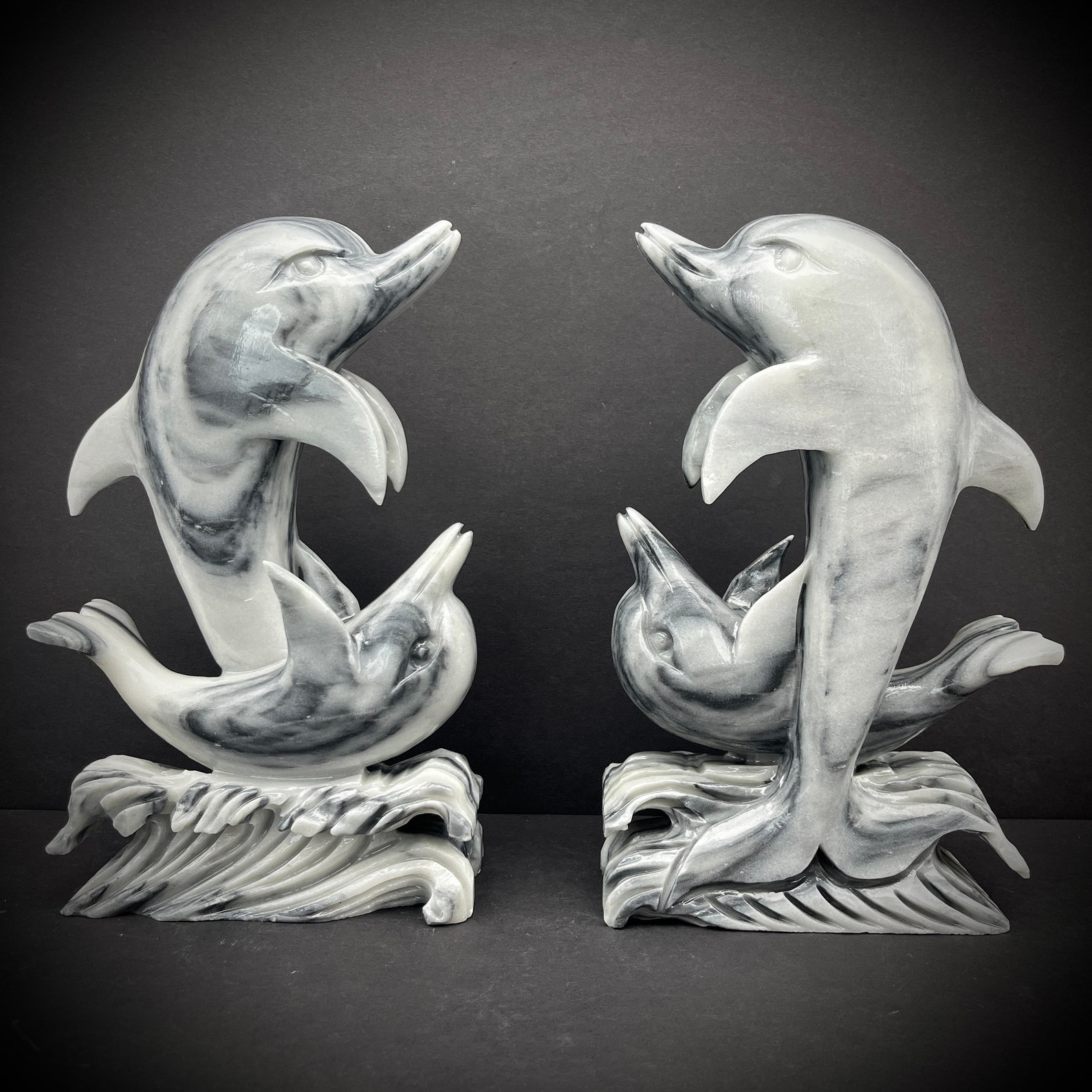 Pair of Gray Marble Stone Dolphins Figurines Statues Sculptures ...
