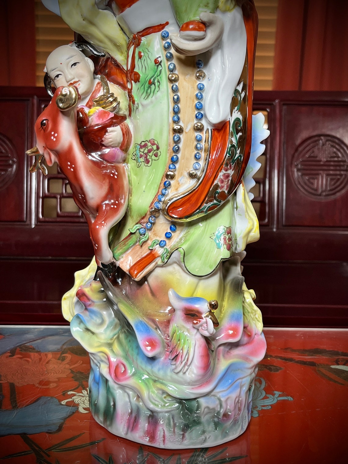 Large Chinese Goddess Magu Porcelain Statue 2 Children Deer Phoenix ...