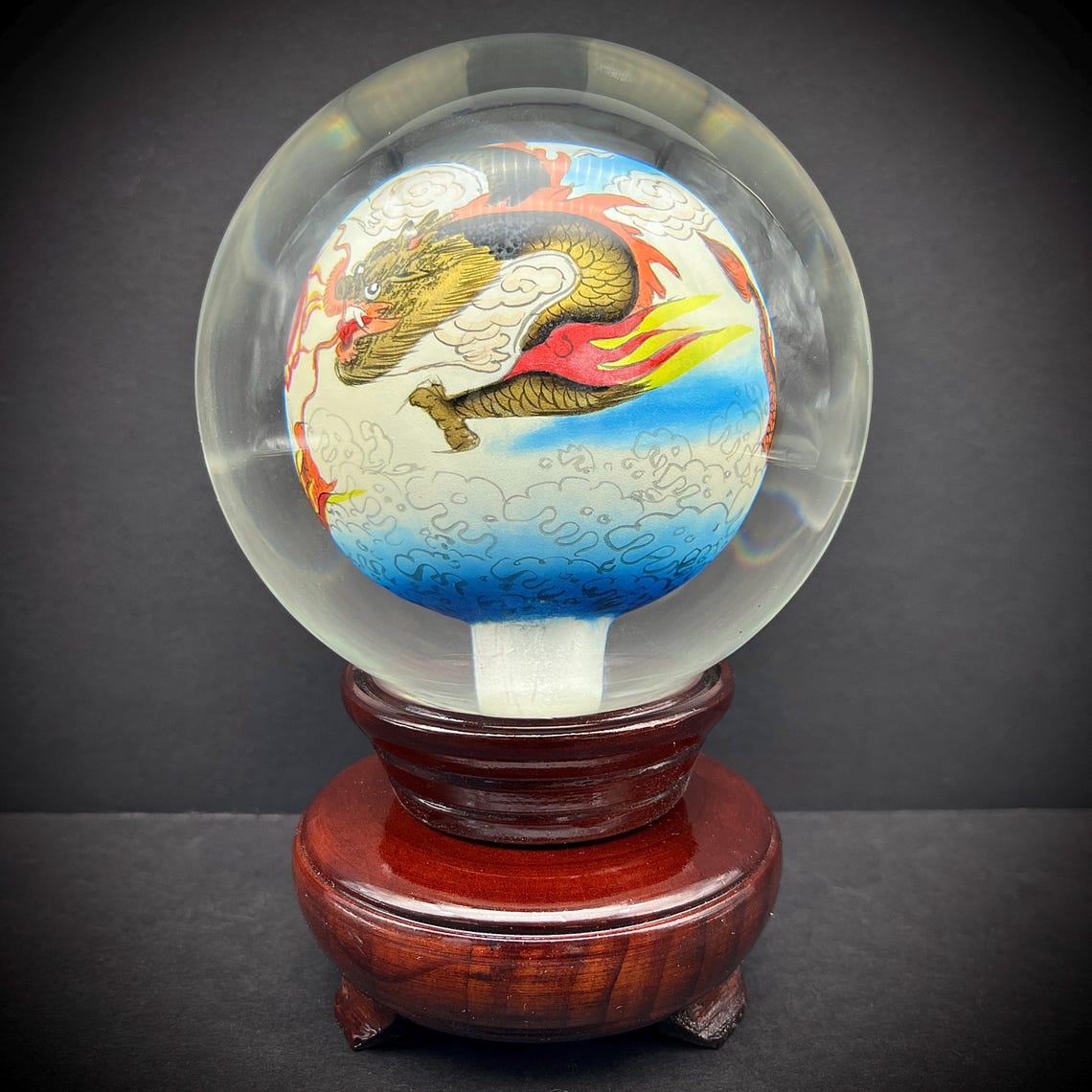 Chinese Double Dragon Glass Globe on Rotating Wood Stand Base Chasing ...