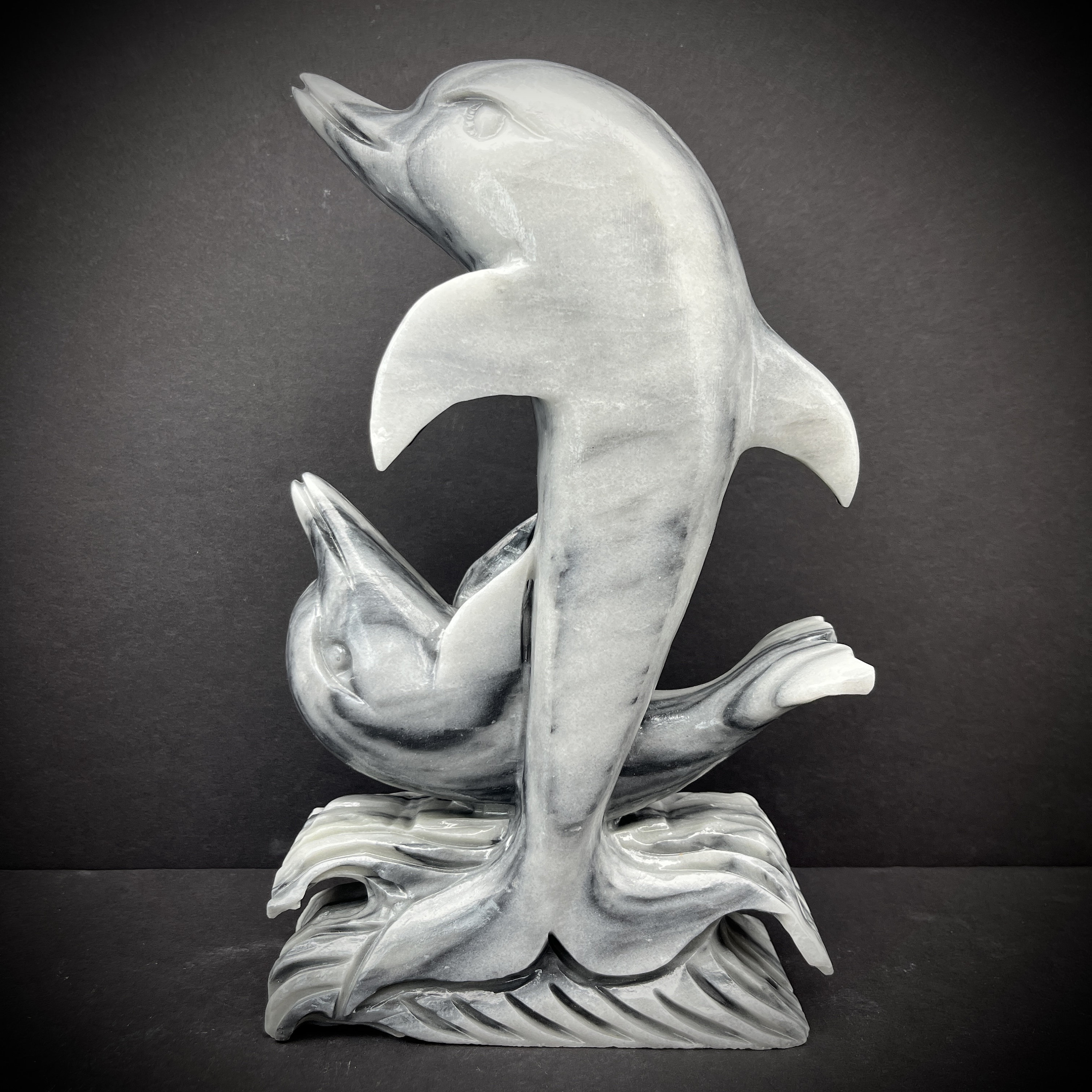 Pair of Gray Marble Stone Dolphins Figurines Statues Sculptures ...