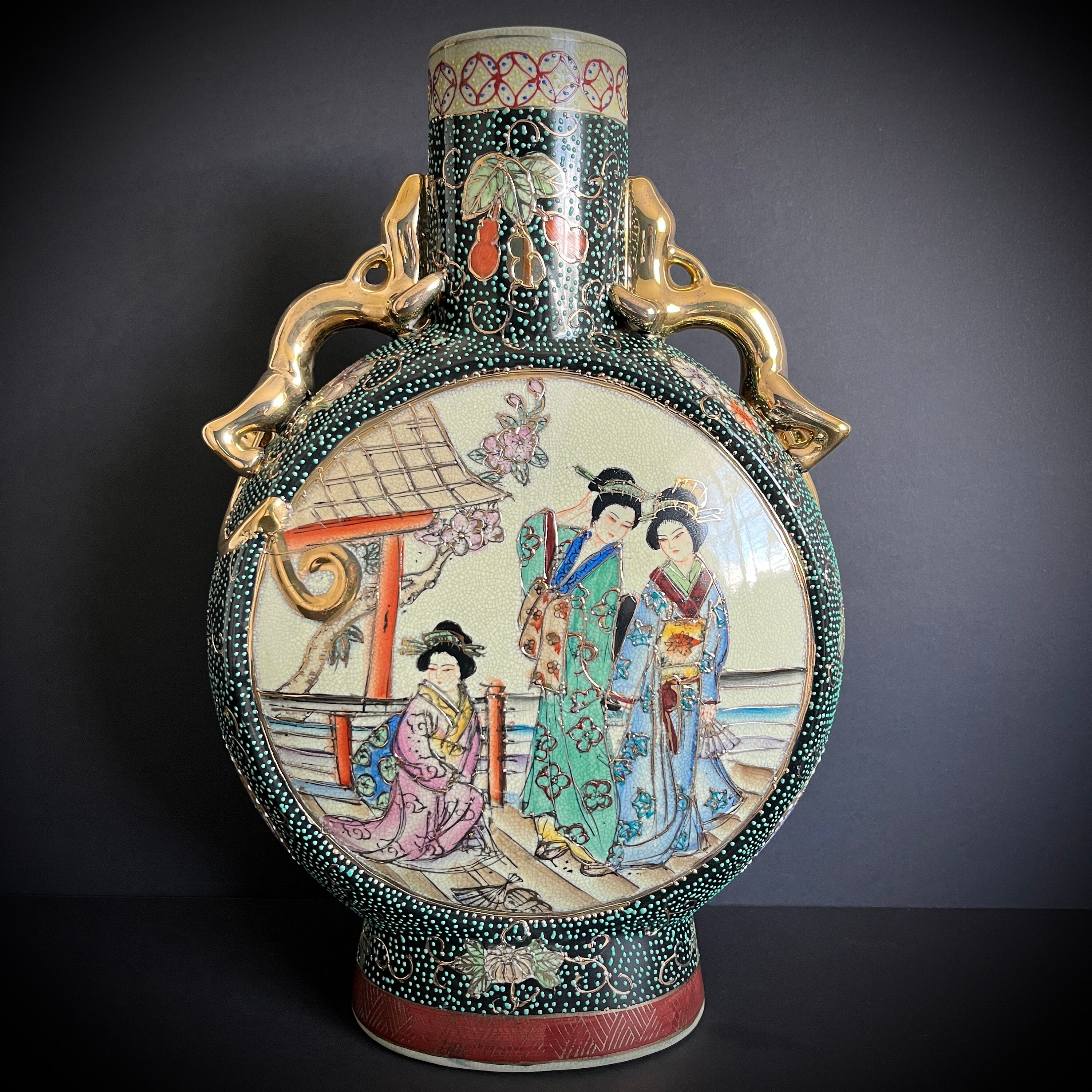 Pair of Large Chinese Moon Flask Vases Porcelain Royal Satsuma Ceramic ...