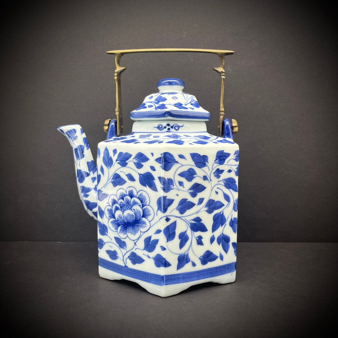 Asian Blue White Porcelain Teapot Metal Brass Handle Hexagonal - Etsy