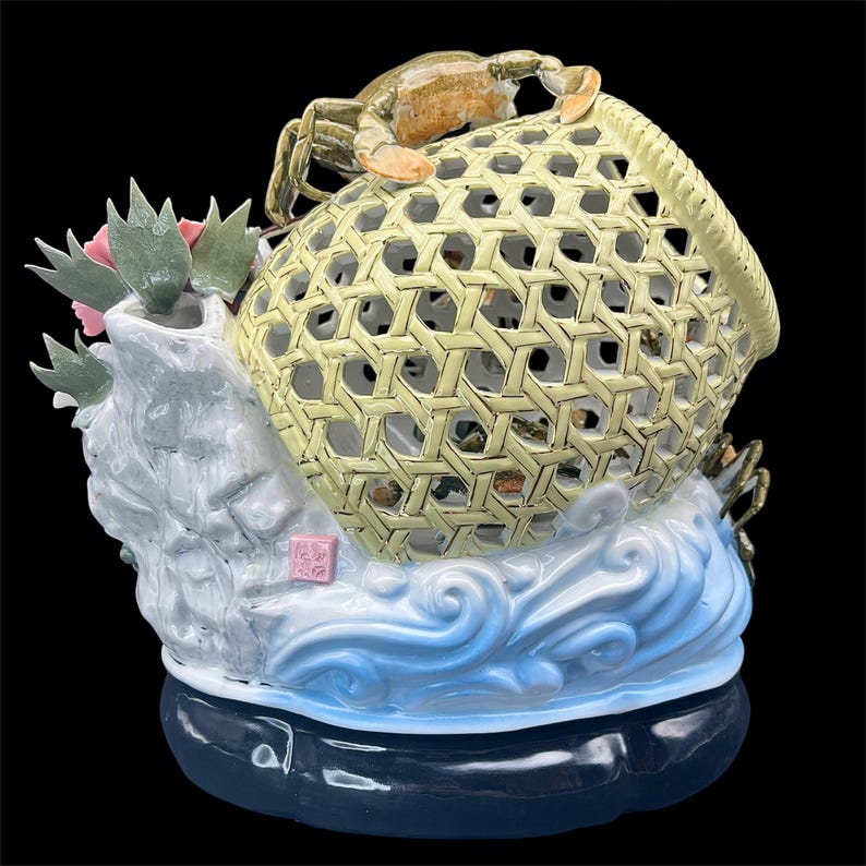 Porcelain Crab Lobster Basket Vase Sculpture, Koi Fish, Flowers, Ocean ...