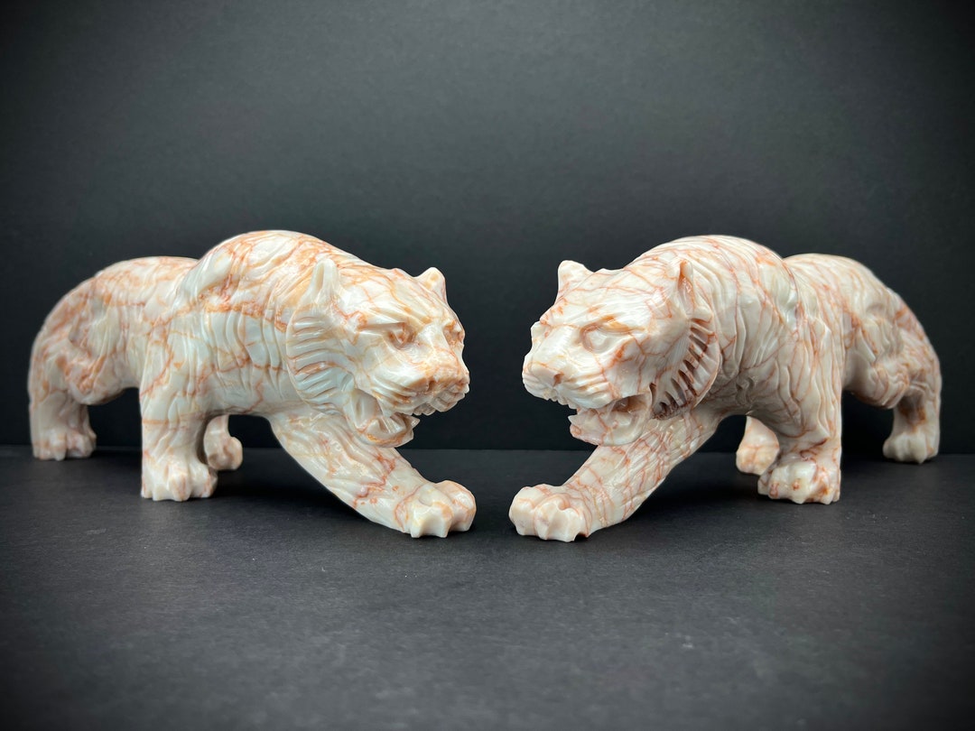 Pair of Red Marble Stone Tigers Figurines Orange Wild Cats Statues ...