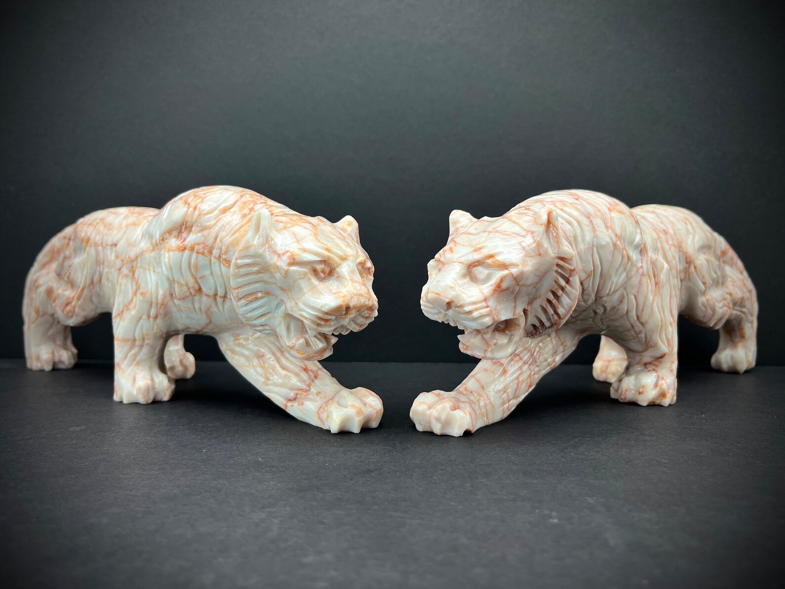 Pair of Red Marble Stone Tigers Figurines Orange Wild Cats Statues ...