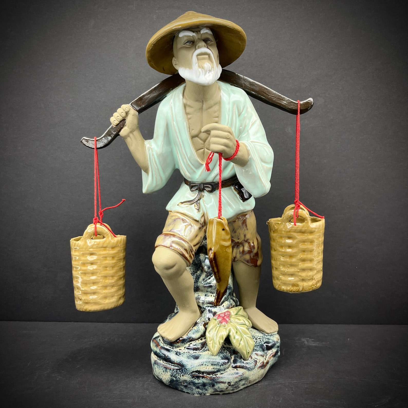 Shiwan Chinese Fisherman Farmer Couple Porcelain Statues, Large Ceramic ...