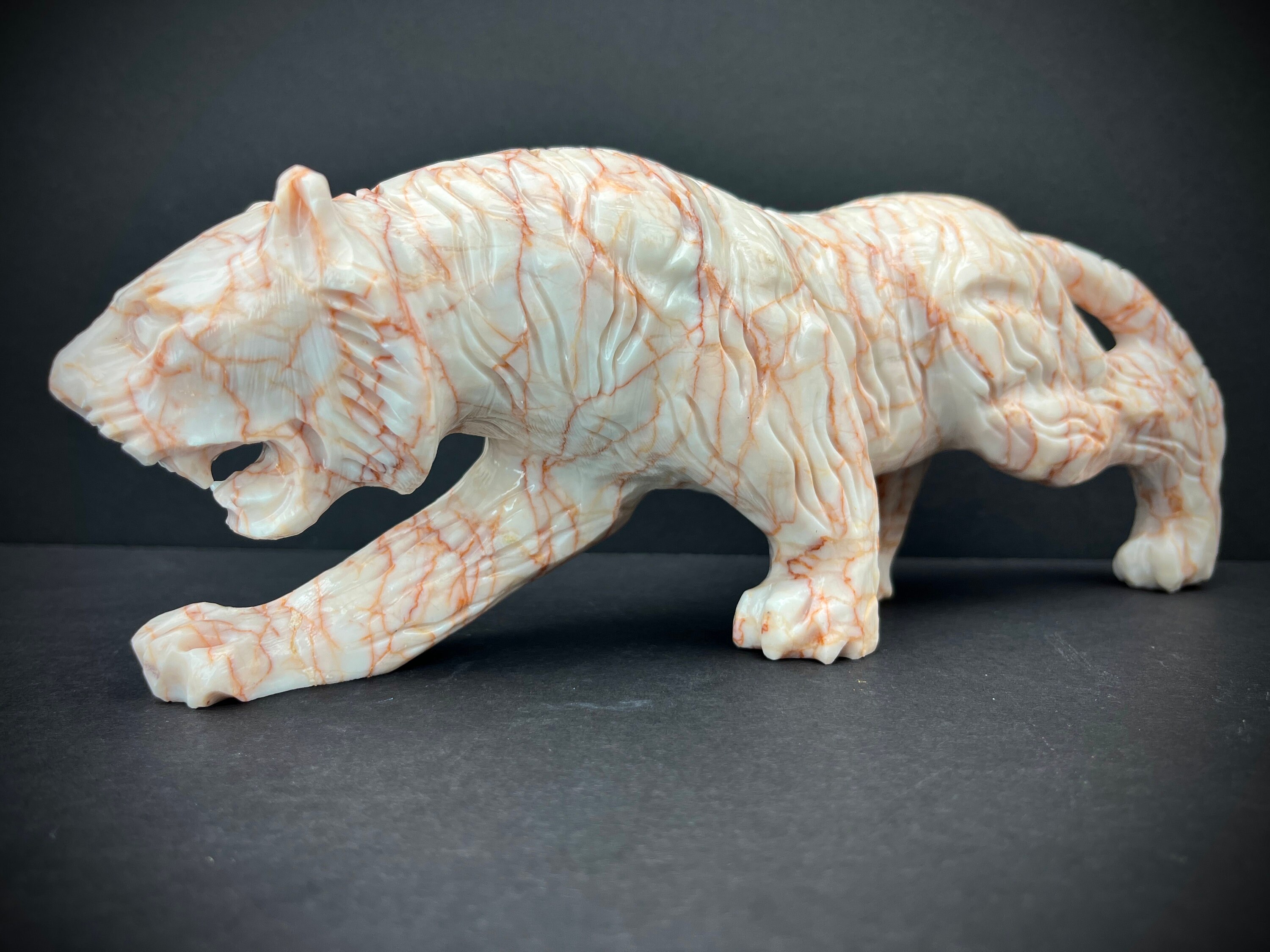 Pair of Red Marble Stone Tigers Figurines Statues Sculptures Orange ...