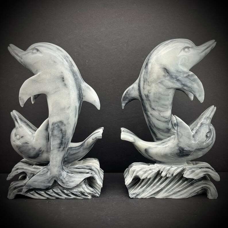 Pair of Gray Marble Stone Dolphins Figurines Statues Sculptures ...