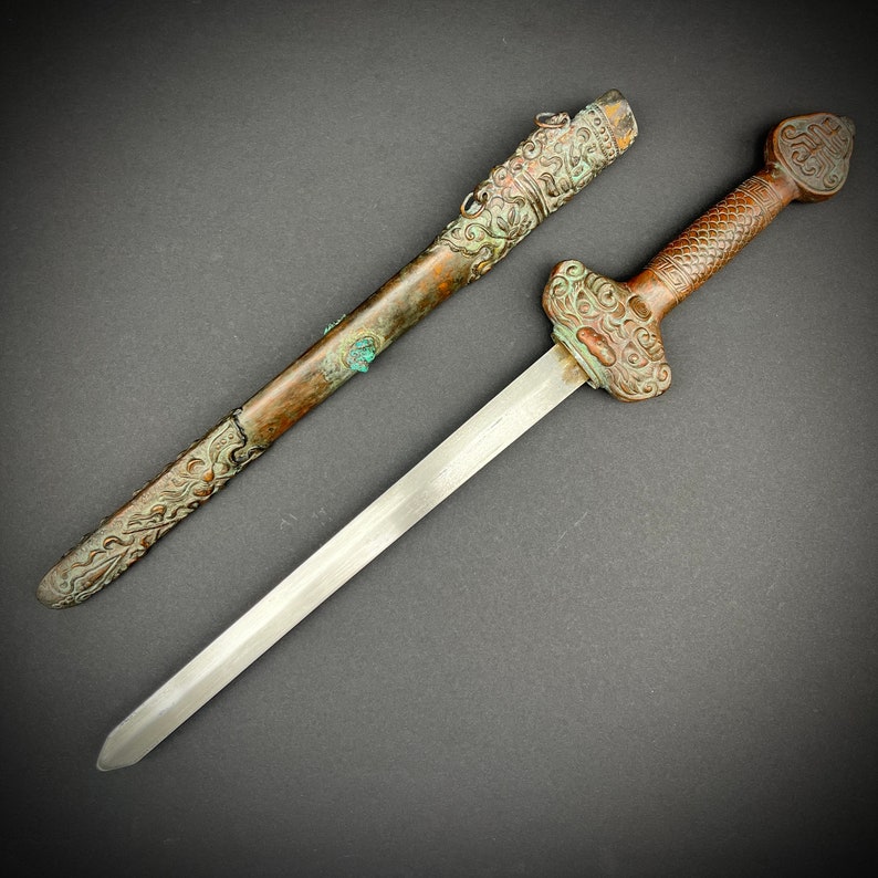 Chinese Dragon Longevity Sword Ceremonial With Scabbard, Dagger Metal ...