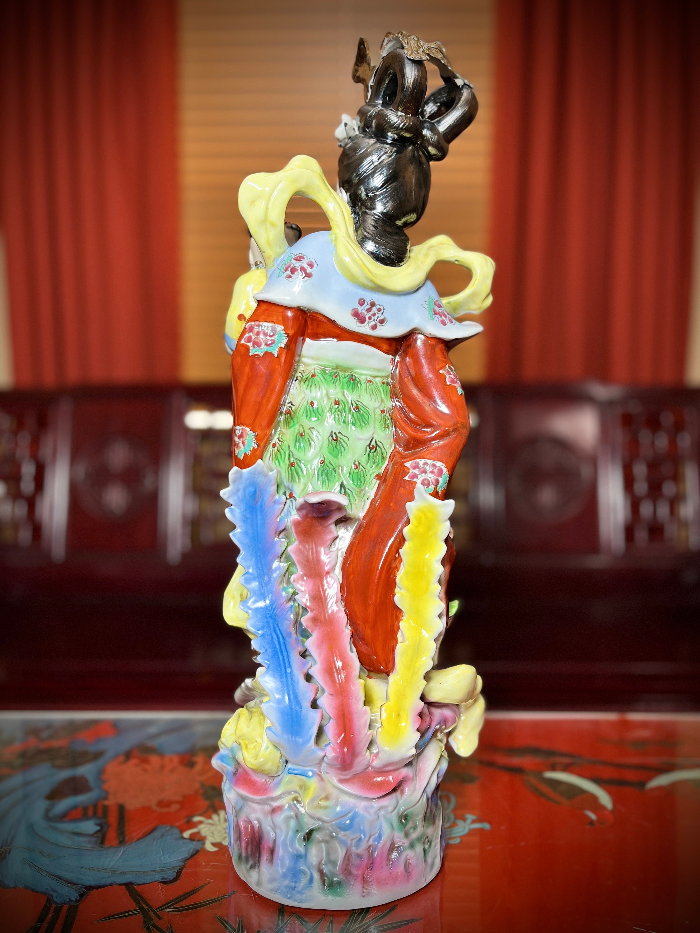 Large Chinese Goddess Magu Porcelain Statue 2 Children Deer Phoenix ...