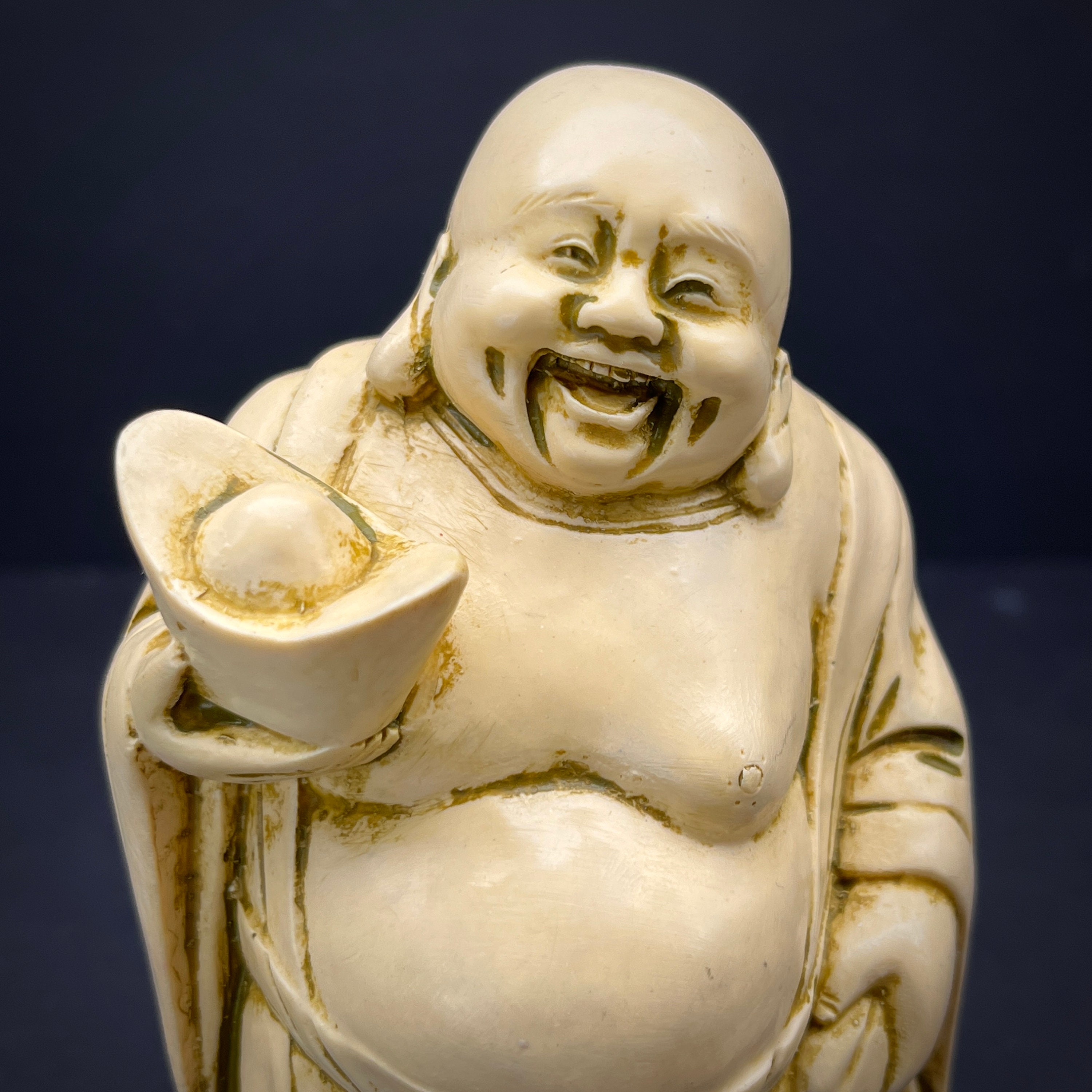 Chinese Happy Laughing Buddha Figurine Ivory Resin Statue Gold Ingot ...