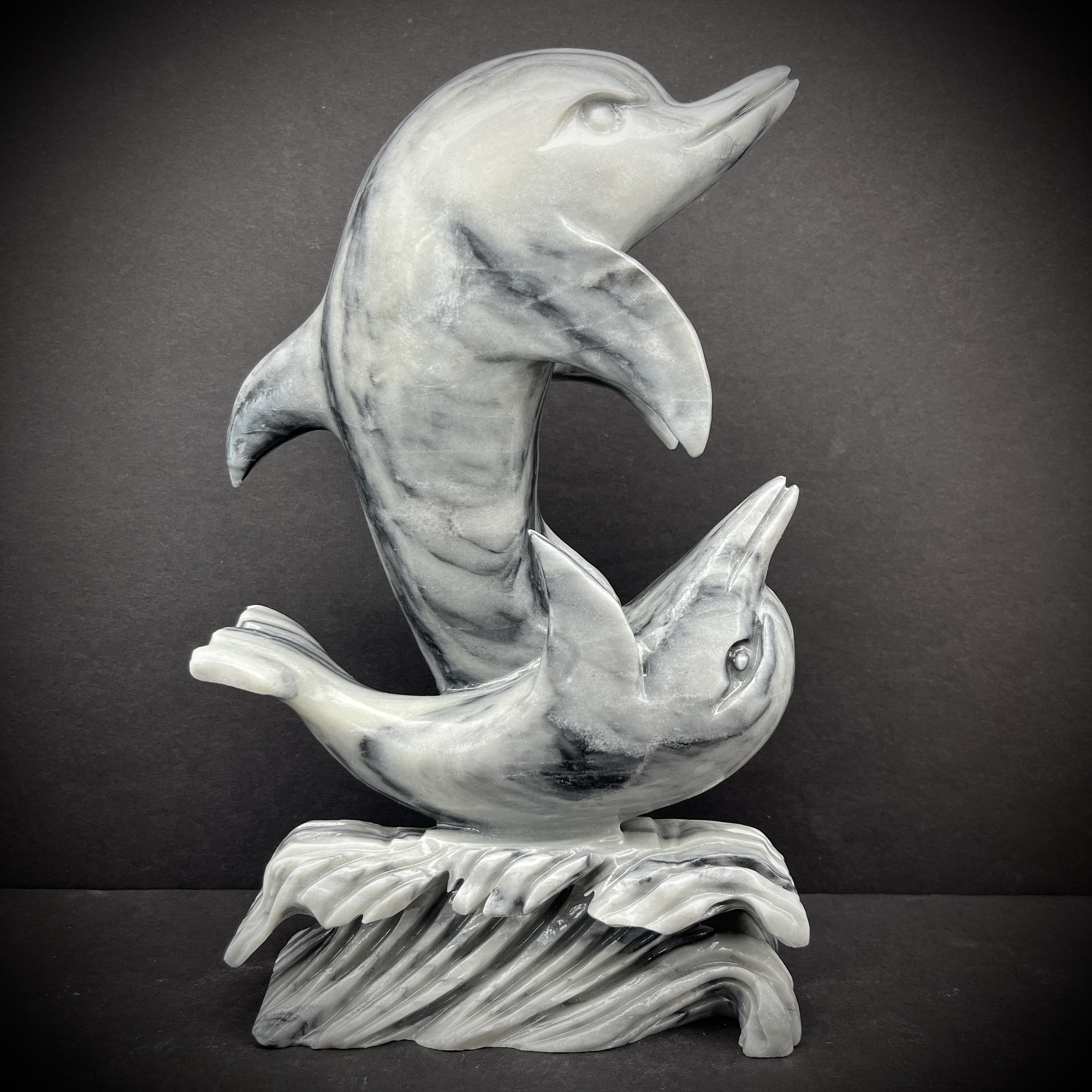 Pair of Gray Marble Stone Dolphins Figurines Statues Sculptures ...