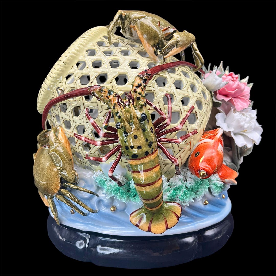 Porcelain Crab Lobster Basket Vase Sculpture, Koi Fish, Flowers, Ocean ...