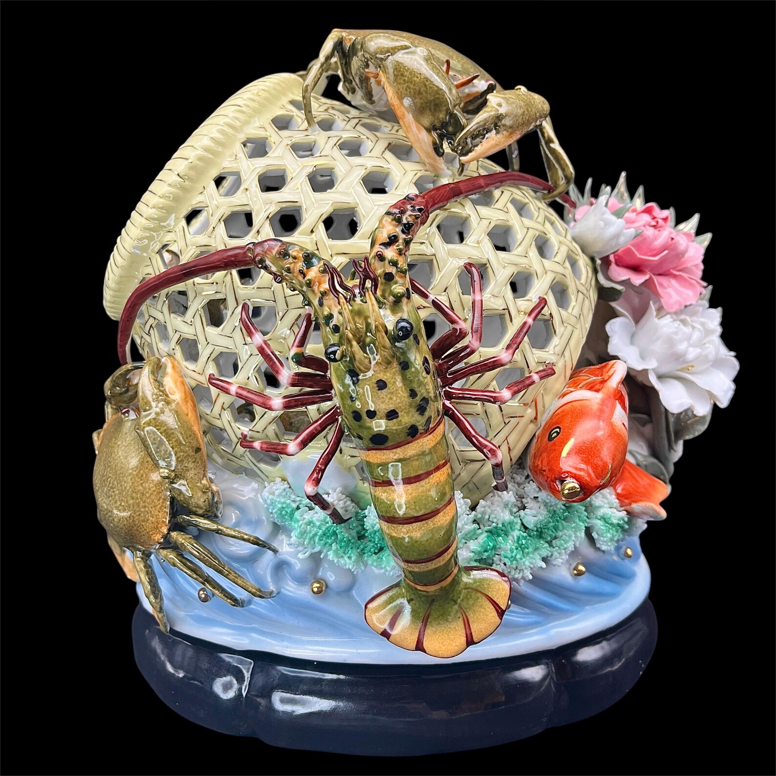 Porcelain Crab Lobster Basket Vase Sculpture, Koi Fish, Flowers, Ocean ...