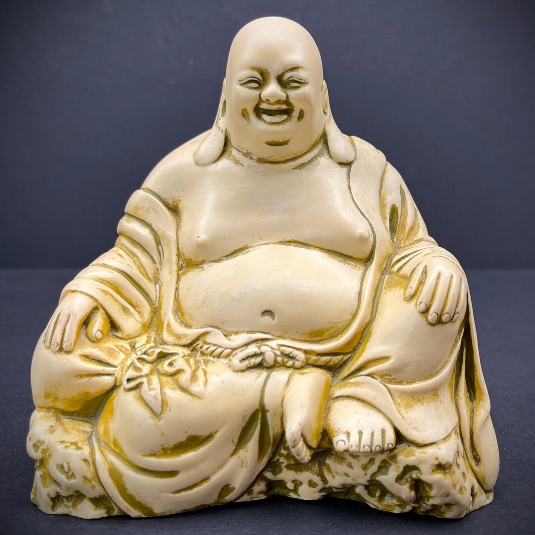 Chinese Laughing Happy Buddha Figurine Ivory Resin Statue Sitting ...