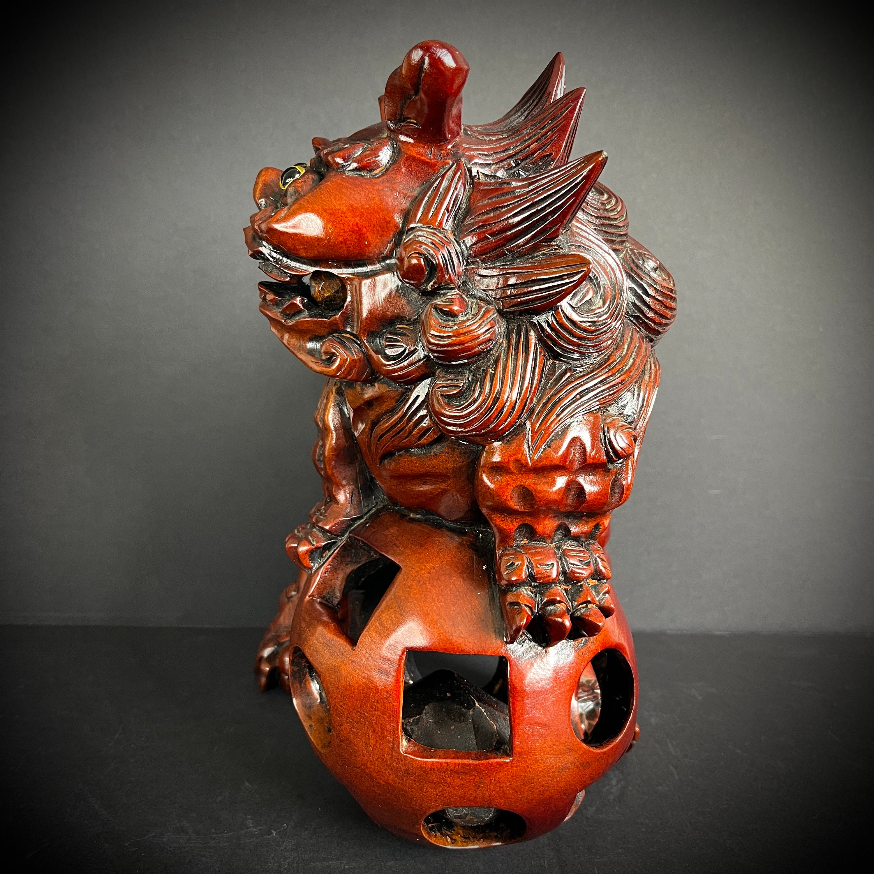 Large Pair of Wood Fu Lions Statues Guardian Foo Lions Foo Dogs Shishi ...