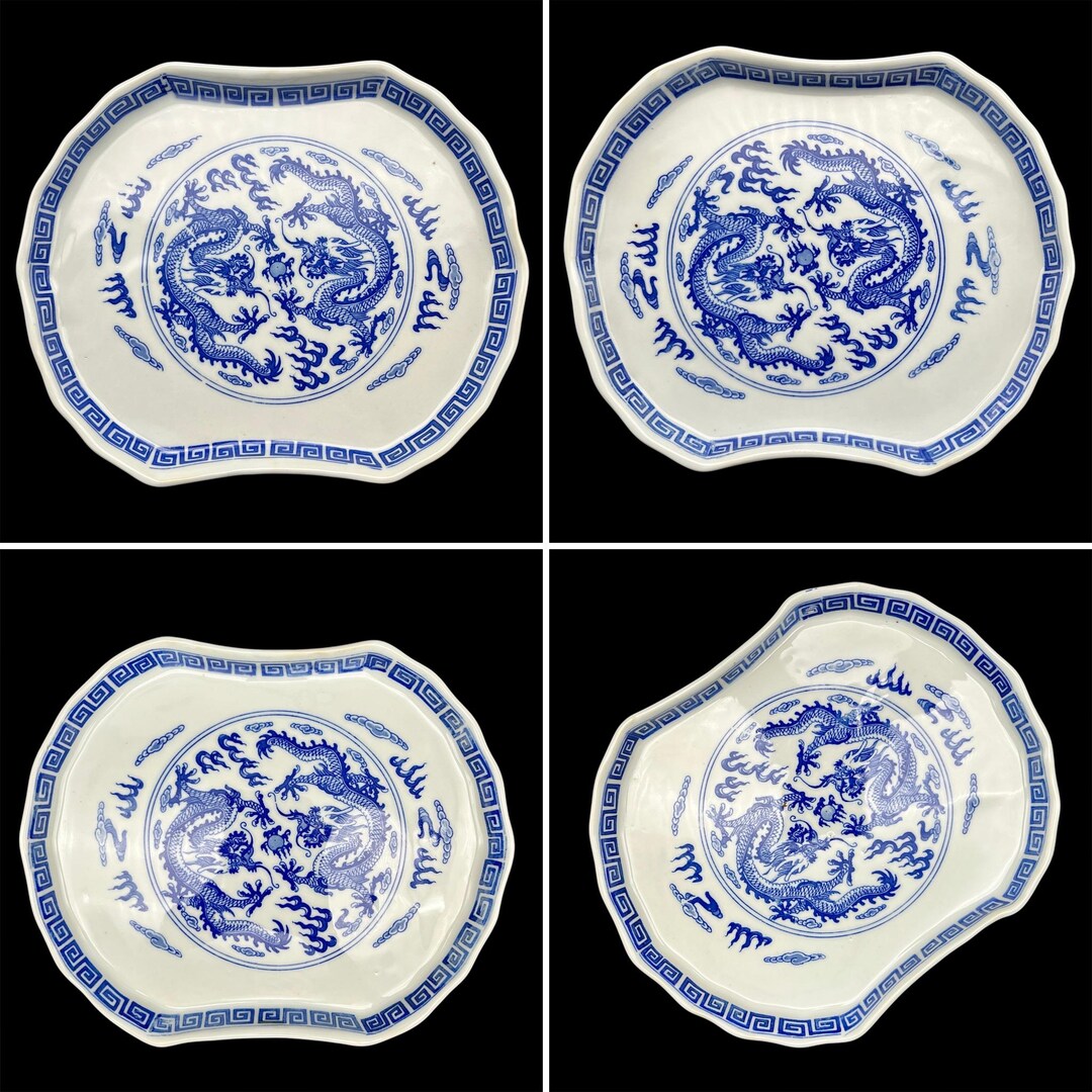Set of 4 Blue & White Porcelain Plates - Chinese Dragon, Double Dragons ...