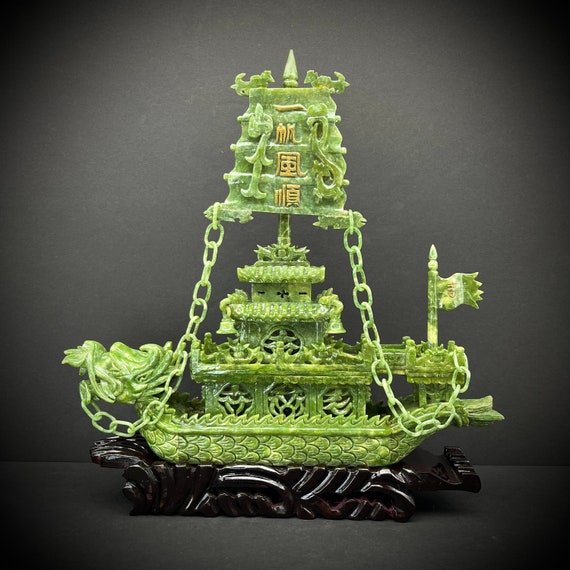 Jade Dragon Boat Large Spinach Green Jade Dragon Boat With Large Sail