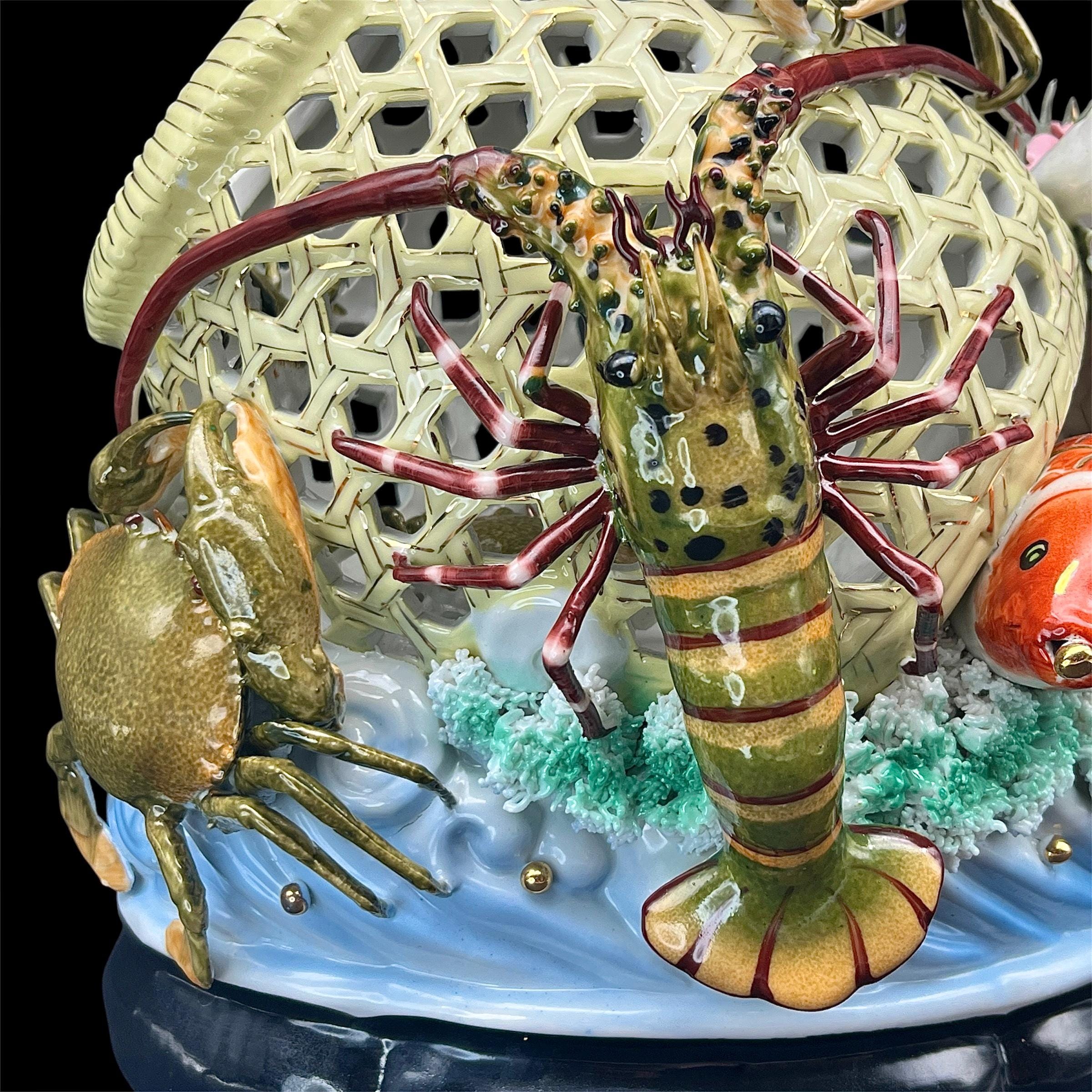Porcelain Crab Lobster Basket Vase Sculpture, Koi Fish, Flowers, Ocean ...