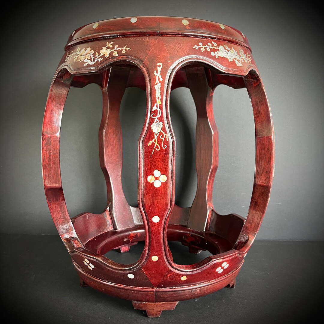 Large Chinese Wood Stool Mother of Pearl Inlay Barrel Drum Garden Seat ...