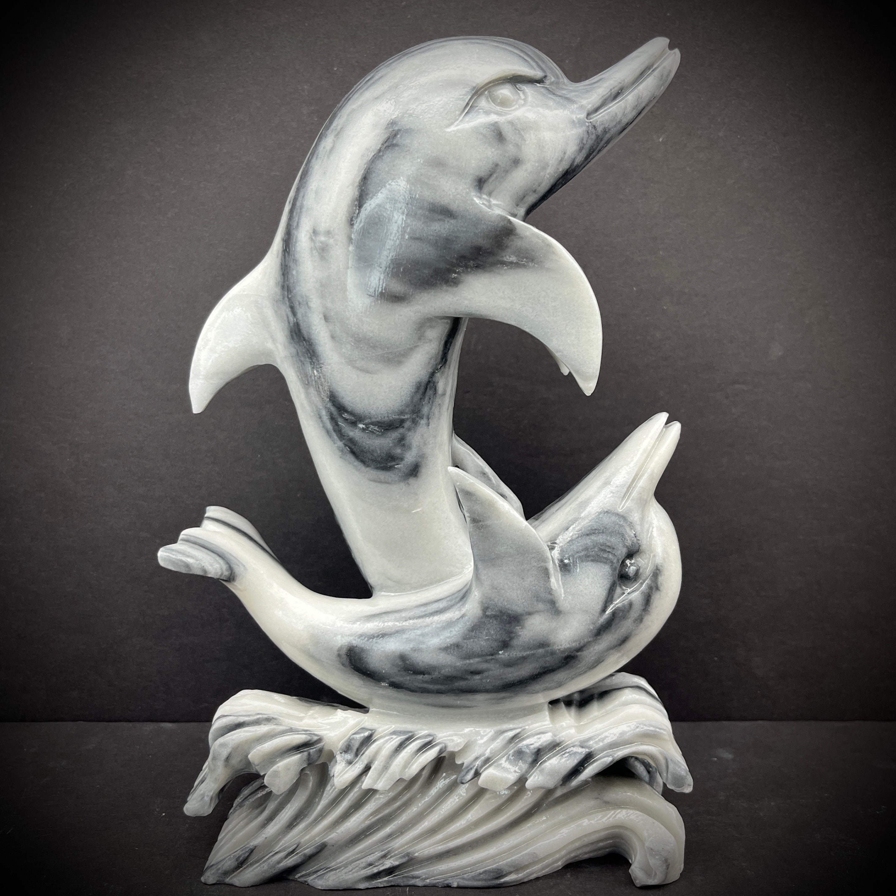 Pair of Gray Marble Stone Dolphins Figurines Statues Sculptures ...