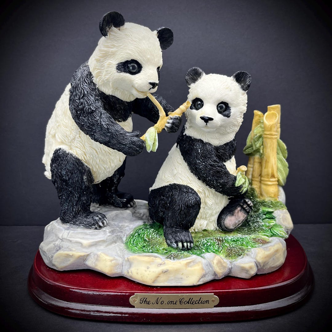 Two Panda Bears Figurine on Base Stand High Quality Resin Statue Bamboo ...