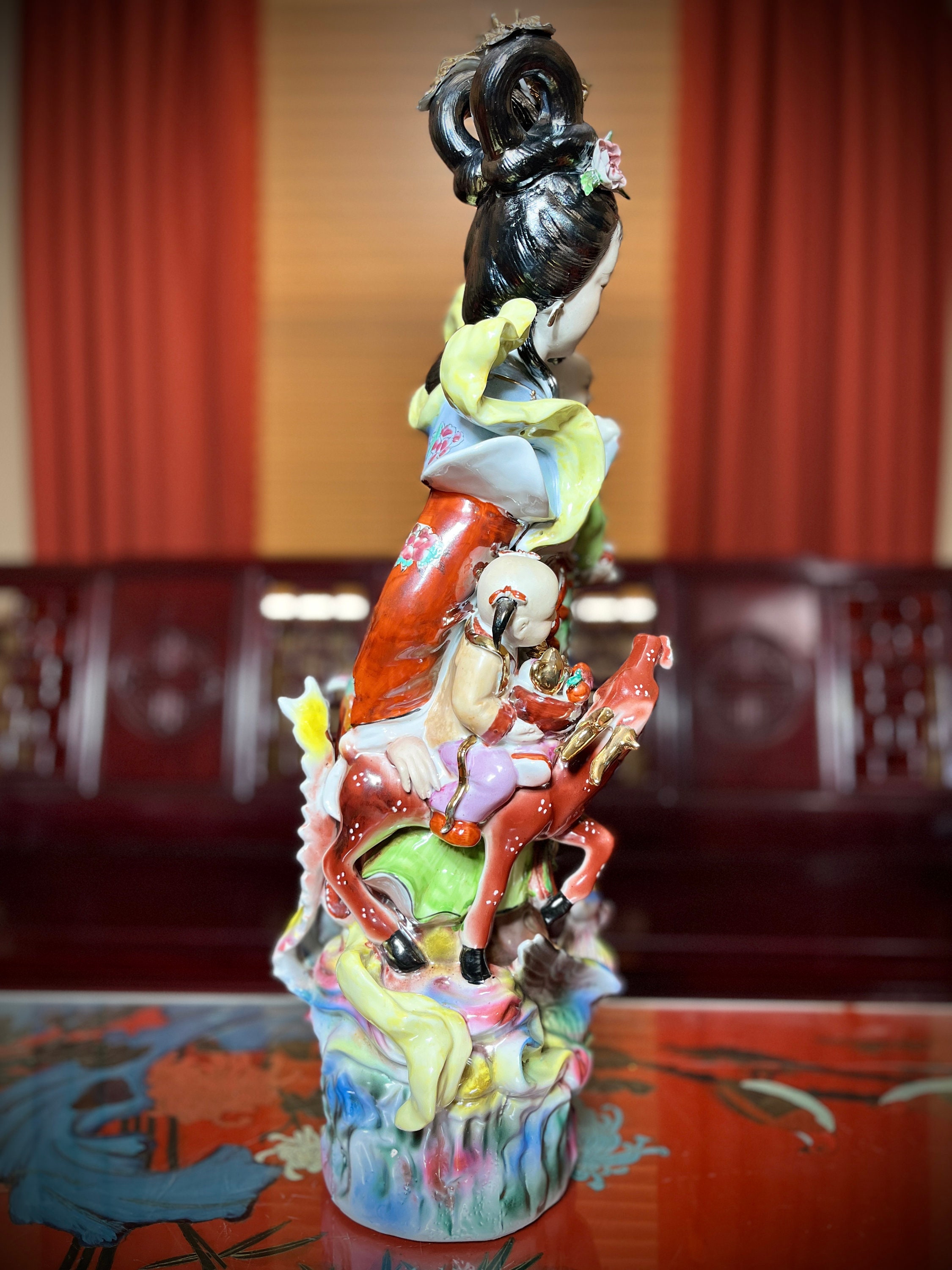 Large Chinese Goddess Magu Porcelain Statue 2 Children Deer Phoenix ...
