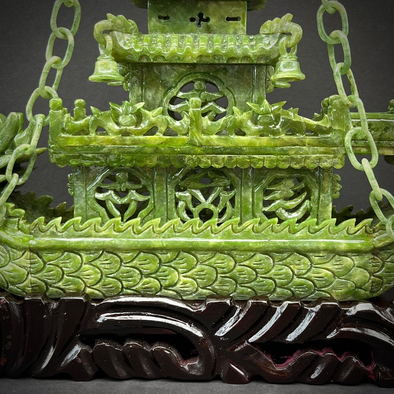 Chinese Green Jade Dragon Boat – Natural Stone Ship Sculpture With Wood ...