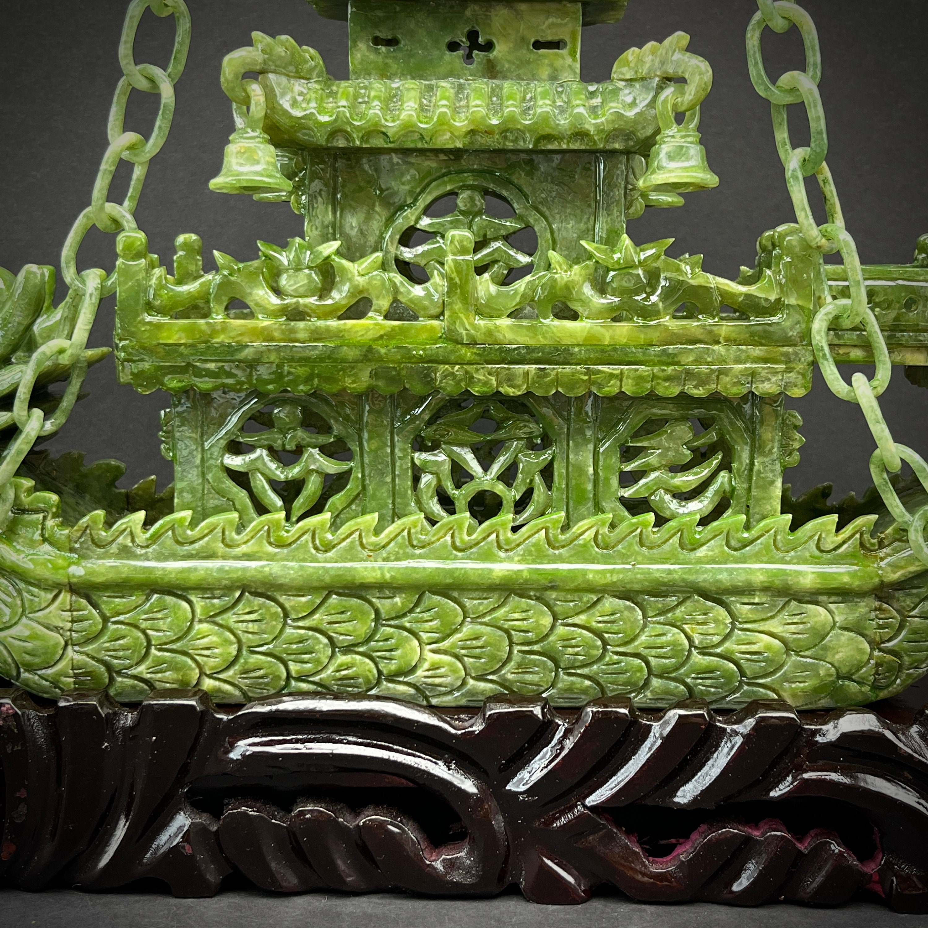 Chinese Green Jade Dragon Boat – Natural Stone Ship Sculpture With Wood ...