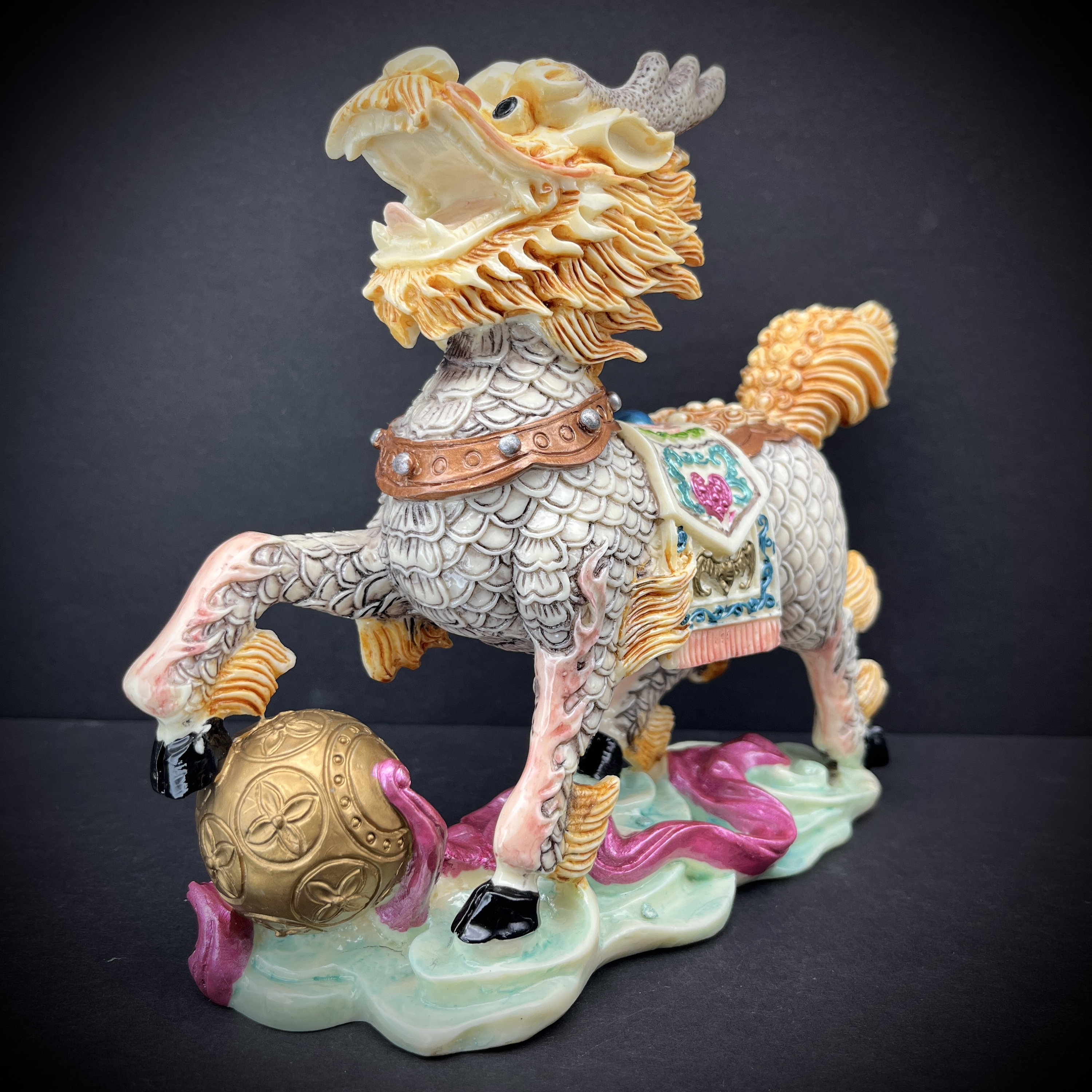 Pair of Chinese Kirin Qilin Pixiu Statues Wucai Dragon Deer Horse Ivory ...