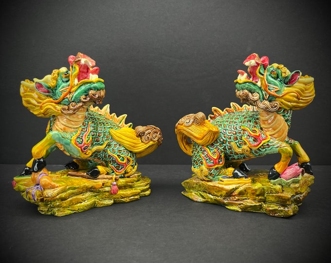 Pair of Chinese Qilin Kirin Pixiu Figurines Wucai Dragon Deer Horse Statues 8 Immortals Fu Lions ...