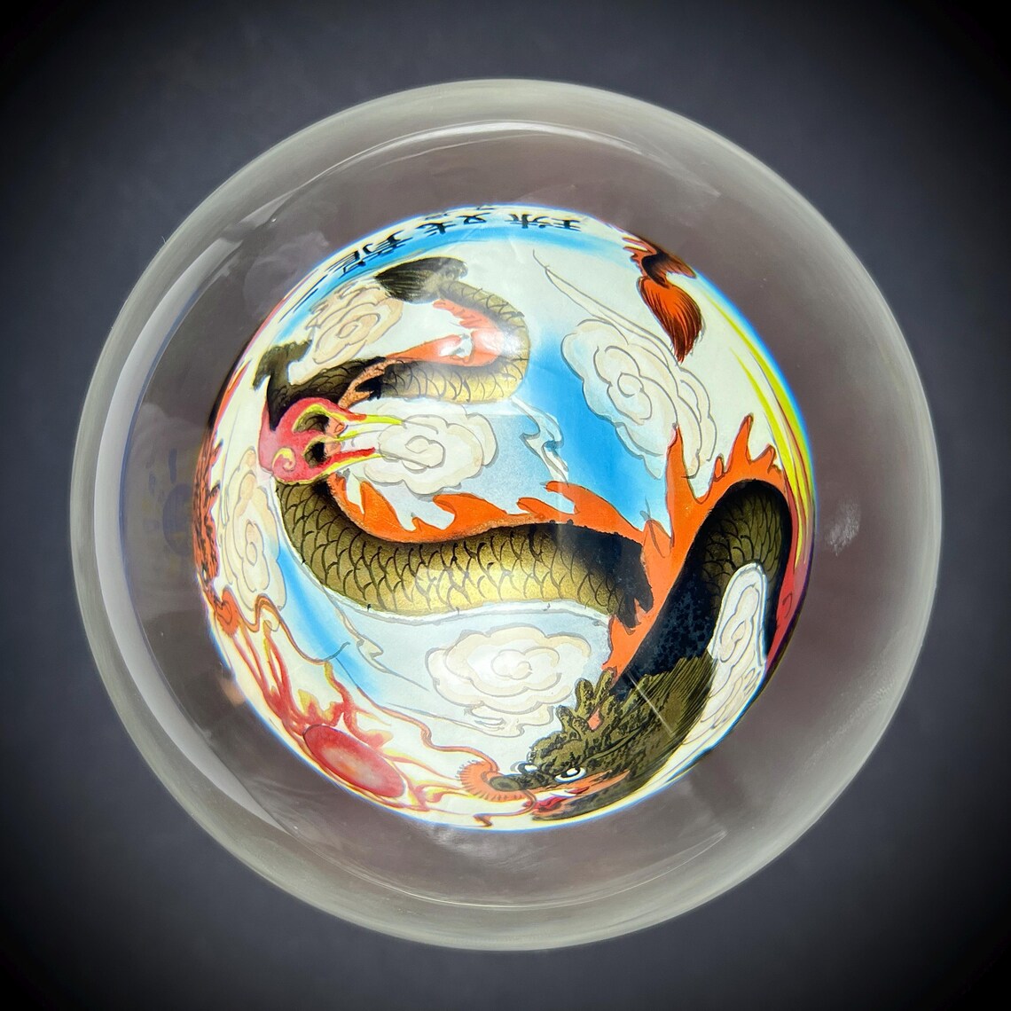 Chinese Double Dragon Glass Globe on Rotating Wood Stand Base Chasing ...