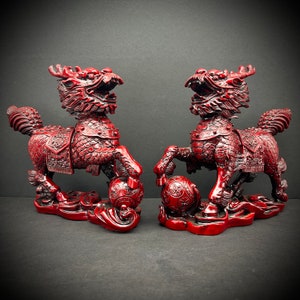 Pair of Chinese Kirin Qilin Pixiu Statues Dragon Deer Horse Red Resin ...