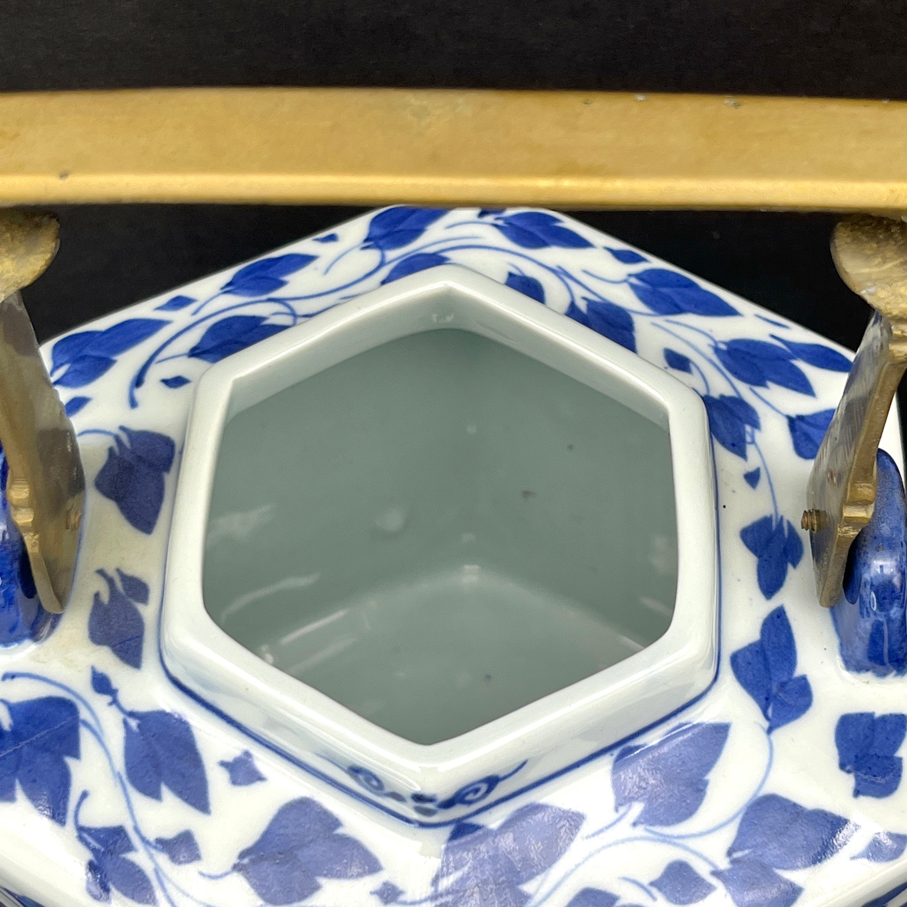 Asian Blue White Porcelain Teapot Metal Brass Handle Hexagonal Ceramic ...