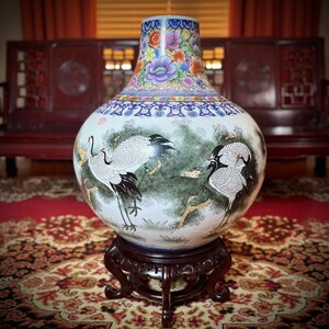 Large Chinese Porcelain Floor Vase Wood Stand Cranes Birds Longevity ...