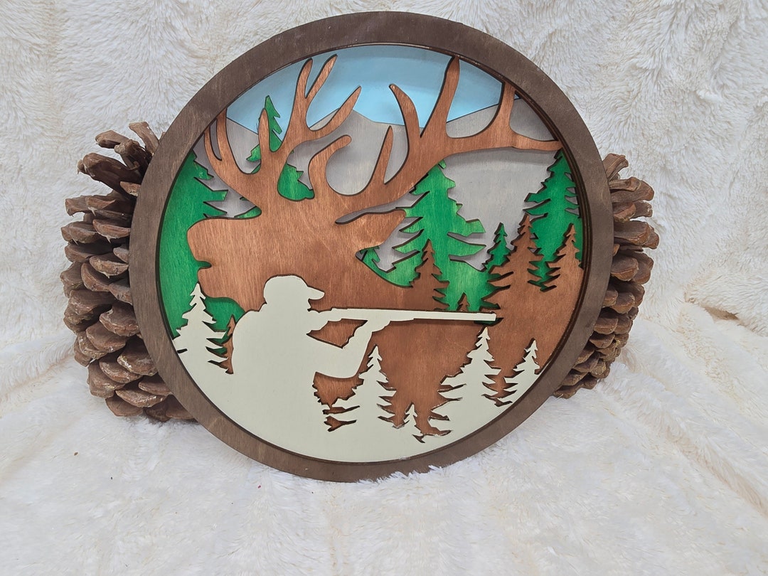 10" Round Lasered Wood Round Hunting Sign Layered, Decor, Man, Elk ...
