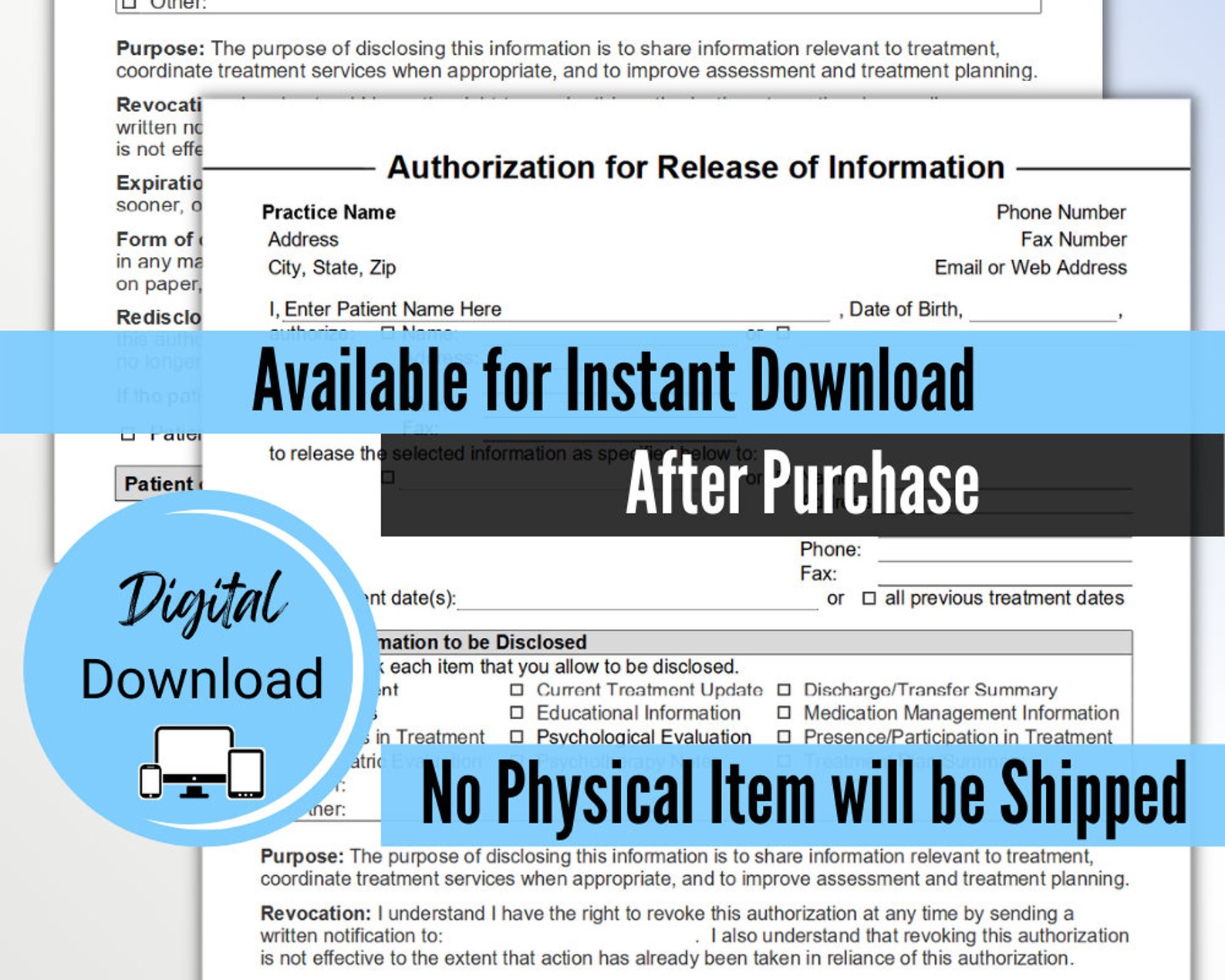 Mental Health Release of Information Form, ROI, PDF, Fillable, Editable ...