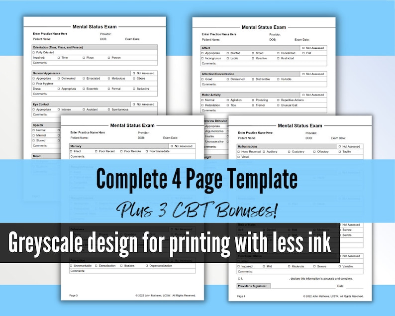 Mental Status Exam Template for Therapists, PDF - Fillable & Editable ...