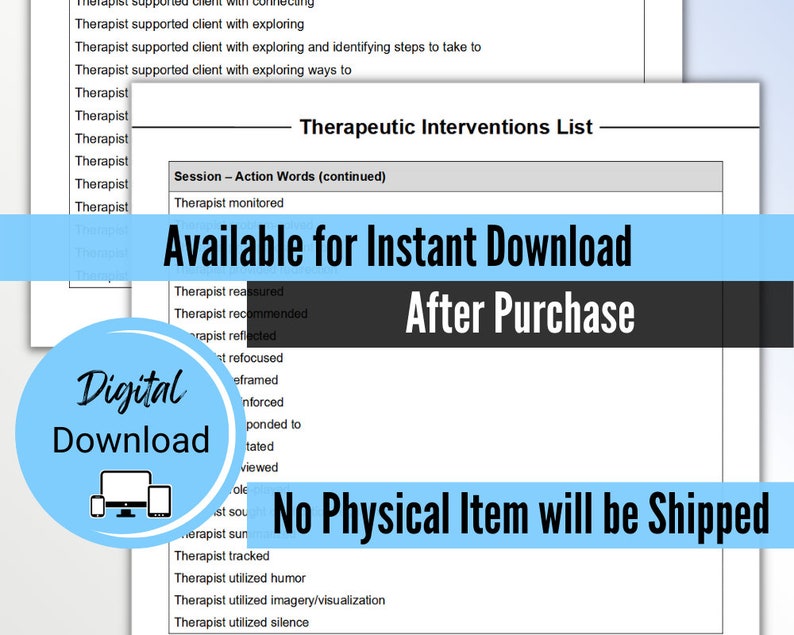 Therapeutic Interventions List for Therapists, Reference for Progress ...