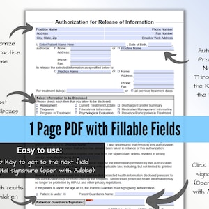 Mental Health Release of Information Form, ROI, PDF, Fillable, Editable ...