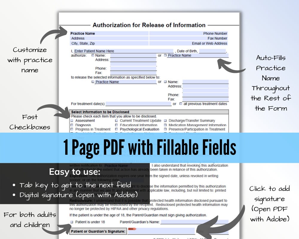 Mental Health Release of Information Form, ROI, PDF, Fillable, Editable ...